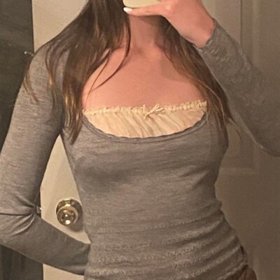 极速Rapcopter Y2K Grey Sweaters FrillH Bow Sweet Cute Pullov