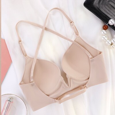 新品无痕美背内衣女士小胸聚拢深V性感显大上托收副X乳无钢圈文胸