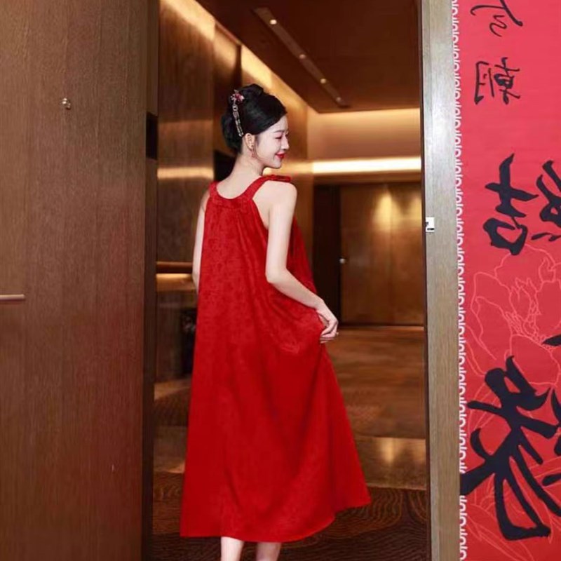 新品新中式挂脖胖mm晨袍女孕妇红色敬酒服新娘结S婚订婚礼服晨拍