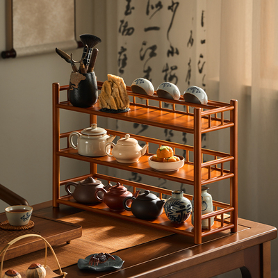 桌面博古架小型茶杯架子茶具收纳架紫砂壶置物架新中式装饰品摆件