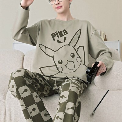 新品纯棉男c士睡衣卡通皮卡丘长袖套装春秋天青少年宽松大码休闲