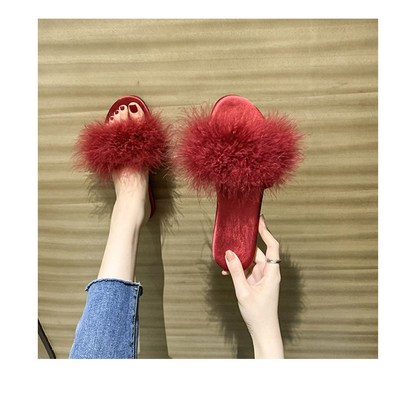 极速新娘配晨袍拖鞋女毛毛t伴娘羽毛结婚婚鞋红色仙女风新婚夏凉