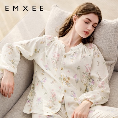 嫚熙春秋孕妇哺乳睡衣产后弹力丝麻棉绮幻花信胸垫款月子服家居服