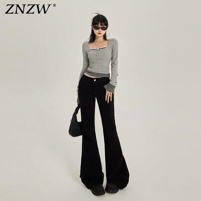ZNZW黑色微喇叭牛仔裤女2026春季低腰不贴腿弹力阔腿喇叭裤子女