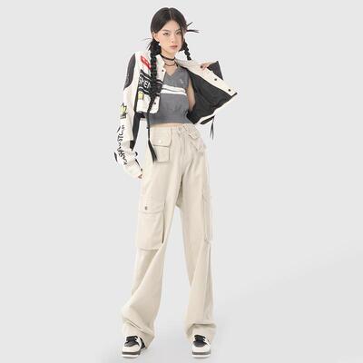 RNBN美式高腰白色工装裤女2024新款嘻哈高街宽松设计感阔腿拖地裤