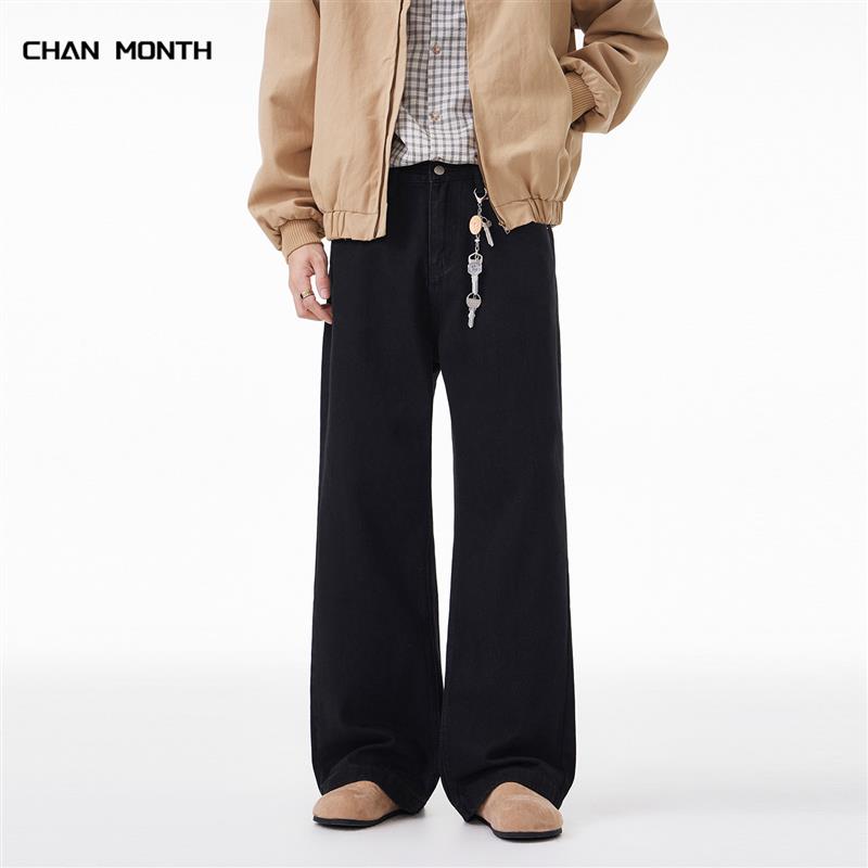 CHAN MONTH美式复古黑色牛仔裤男款春夏潮牌宽松直筒百搭长裤子