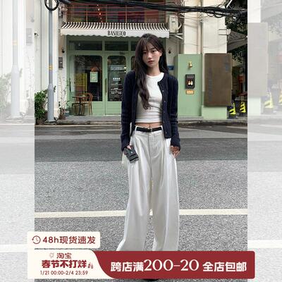 宋正恩白色加绒阔腿裤女春季小个子高腰显瘦休闲裤拖地加厚白裤子