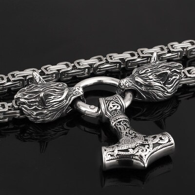 极速Wolf dHead Mens Necklace Celtic Wolf Head Thors Hammer