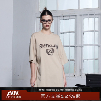 AKTK 圆领宽松印花破洞小众设计感Logo印花短袖女t恤夏