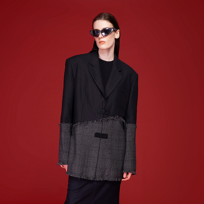 AKTK【 田栩宁明星同款】西装中性不规则毛边拼接廓形垫肩外套