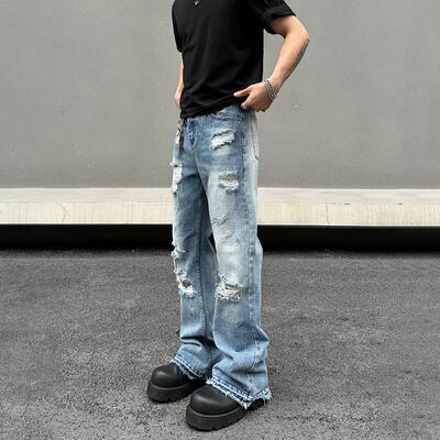 欧美高街水洗蓝色破洞牛仔裤男款夏季潮直筒显瘦微喇cleanfi丁字