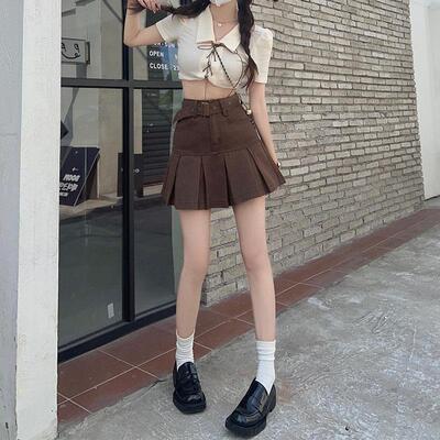 LGKG美式甜心复古牛仔短裙女高腰小个子显瘦显高A字百褶学院内衬