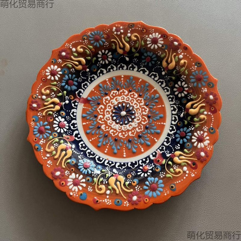土耳其手工土陶盘 装饰 文艺餐具碟子凹凸花纹手绘盘18厘米其它