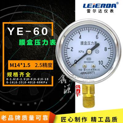 雷尔达膜盒压力表 微压 YE-60 0-10/16/25/40/60KPA天然气千帕