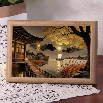 水墨风鎏金古亭江月夜景场景相框