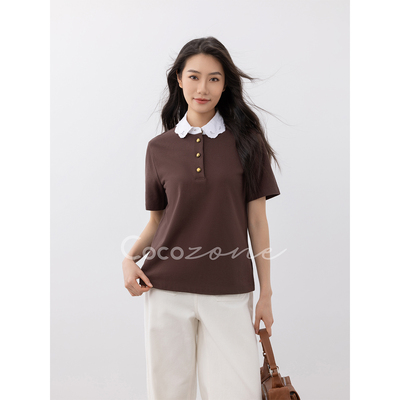 COCO ZONE 刘一一2025新款撞色蕾丝花边翻领短袖T恤ACD2A0646