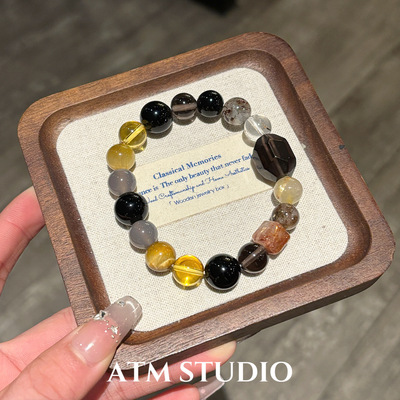 复古老钱风茶晶黑金招财手链女