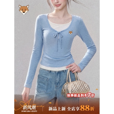 April Fox英国小狐狸蓝色假两件长袖t恤女秋冬高级感修身内搭上衣