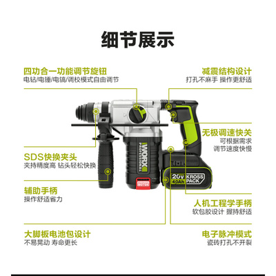 。威克士WU388充电电锤电镐20V无刷多功能大功率电捶冲击钻电动工