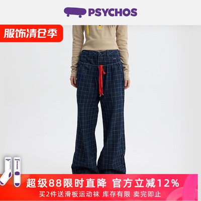 PSYCHOS莎可斯直筒蓝格纹牛仔裤
