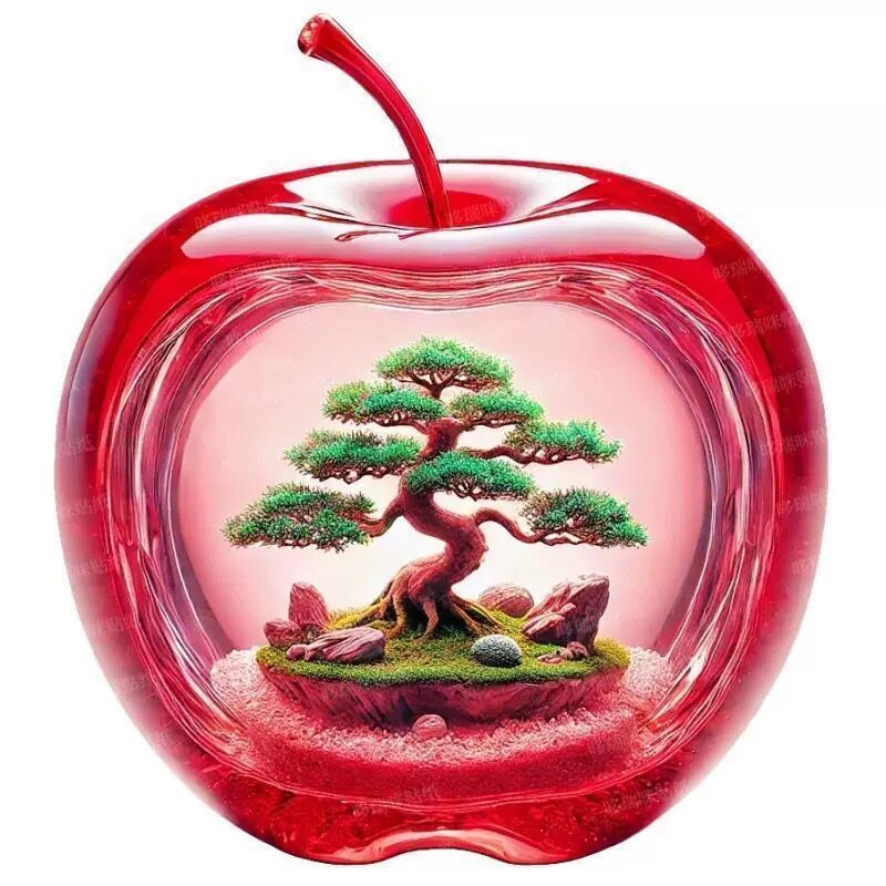 3D立体水晶苹果贴画微景观迎客松治愈系墙贴防水自粘贴纸