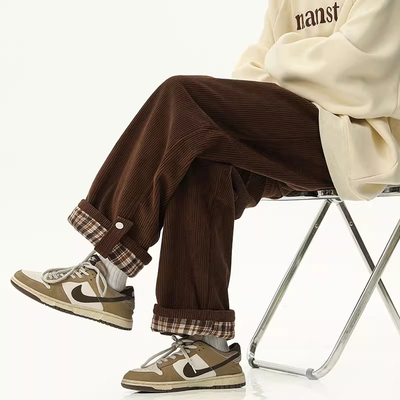 美拉德咖色格子卷边休闲裤女秋季复古宽松阔腿百搭慵懒灯芯绒裤子