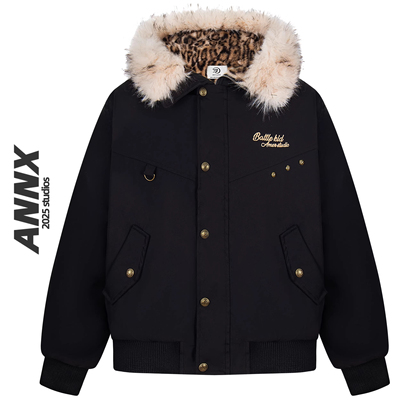 ANNX2026美式复古豹纹大毛领棉服外套工装风棉衣派克服女加厚保暖