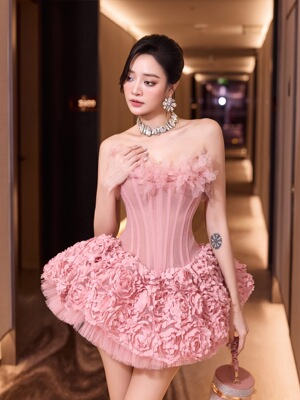 越南正品代购Moulinrose抹胸鱼骨透视绑带提花露肩蓬蓬裙公主风