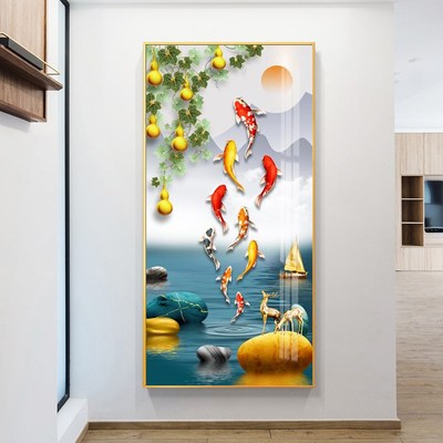 速发简约九鱼图竖版装挂聚走廊尽头画财九鱼饰画过道背景墙挂壁画