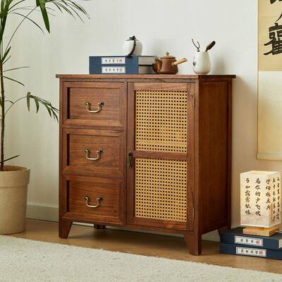 新中式边柜实木柜27601藤柜编客厅边茶柜茶水柜斗卧室床头收纳柜整餐B&
