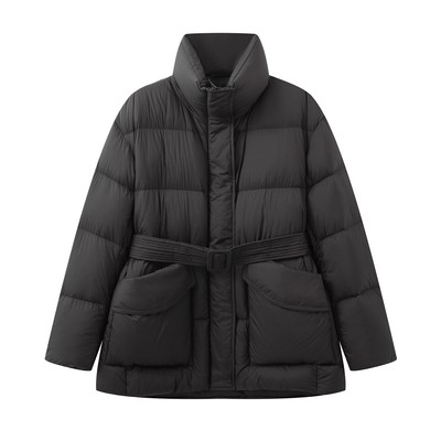 新款中长款腰带羽绒服外套
