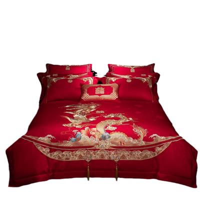 高档轻奢龙红色H128绣花绒棉凤四件套1长00S全棉贡缎提花婚庆纯棉