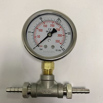25bar 350psi 液压压力表加不锈钢三通宝塔接头 表径68mm 宝塔6mm