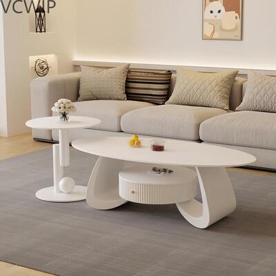 茶几奶油风岩板茶几椭圆形茶几家用客厅小户型简约lyd