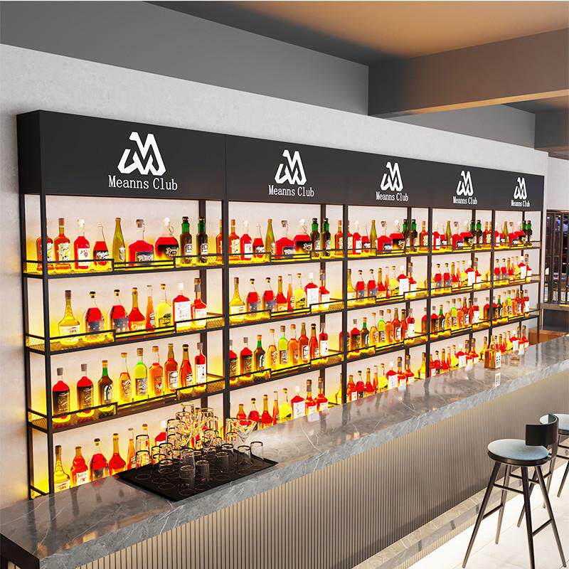 吧台背景架铁艺酒架发光置物红酒展示工业风靠墙式酒柜酒吧酒水架