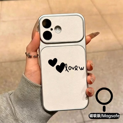 简约黑色双爱心lovew手机壳温柔苹果18promax新款手机壳iPhone air/17pro/15plus14小羊皮13pro手机套冰感
