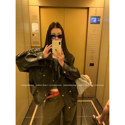 牙套大汪【罗兰小姐】贵贵哒Y*LPU皮衣复古立领廓形皮夹克
