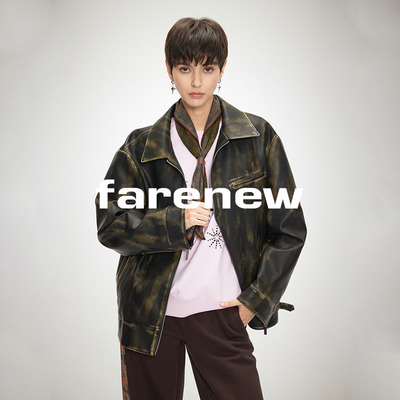 Farenew26春设计师款黑色复古夹克皮外套活力时尚潮流318W7A012