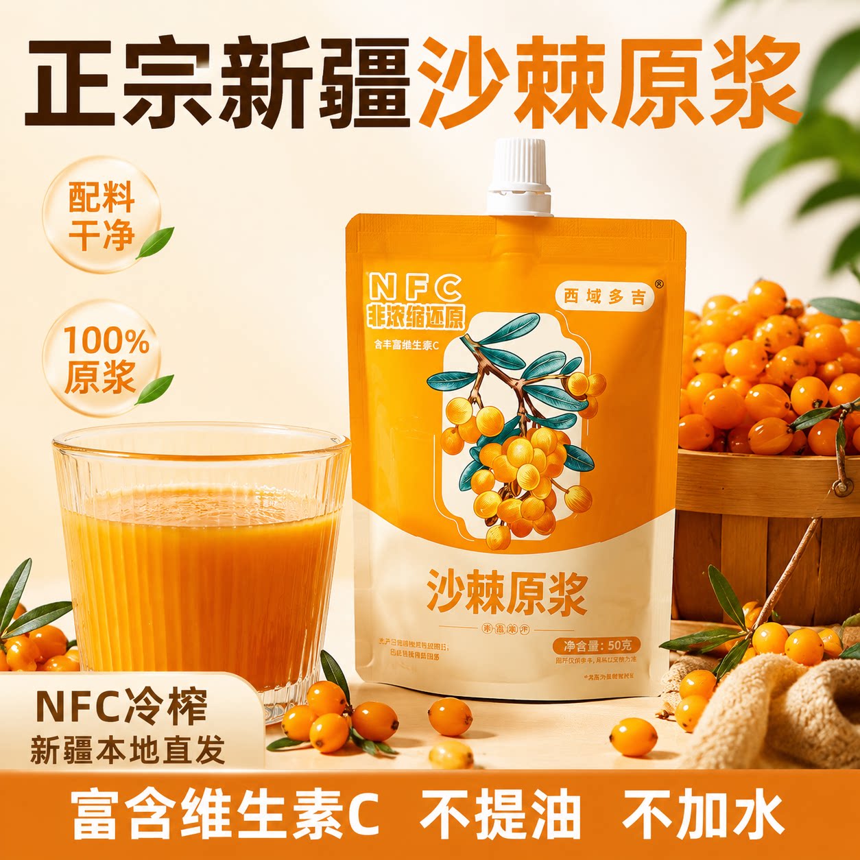 新疆特产新疆沙棘原浆沙棘果汁沙棘汁NFC冷榨富含维生素C鲜果鲜榨