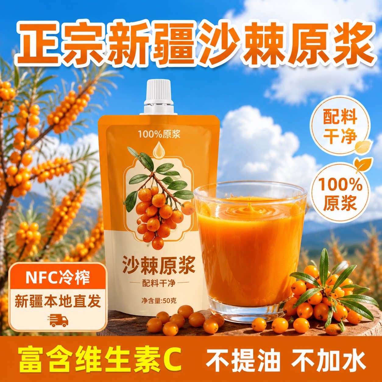 新疆特产新疆沙棘原浆沙棘果汁沙棘汁NFC冷榨富含维生素C鲜果鲜榨