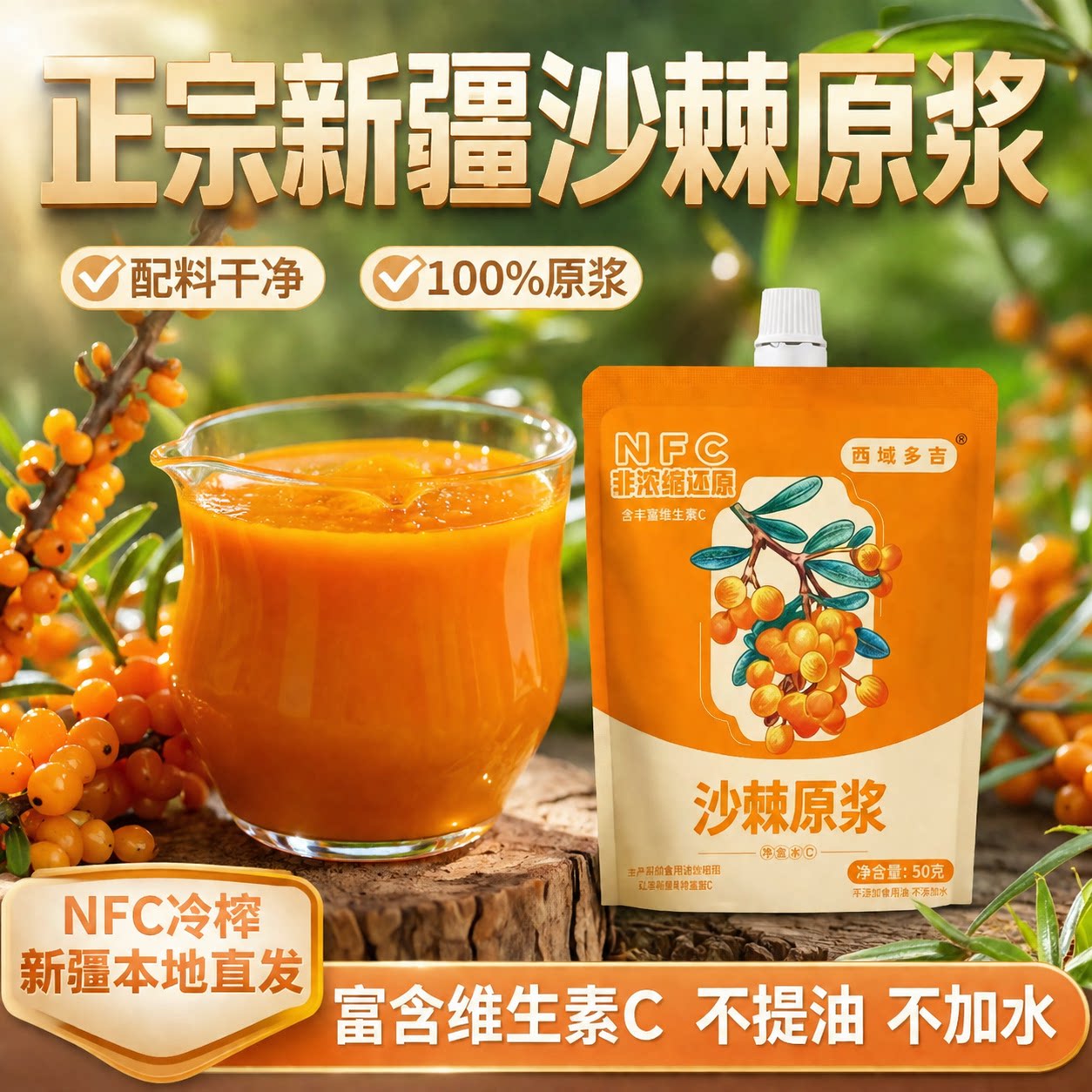 新疆特产新疆沙棘原浆沙棘果汁沙棘汁NFC冷榨富含维生素C鲜果鲜榨