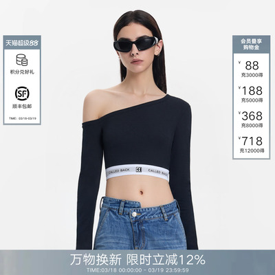 CalledBack黑色斜肩长袖针织衫