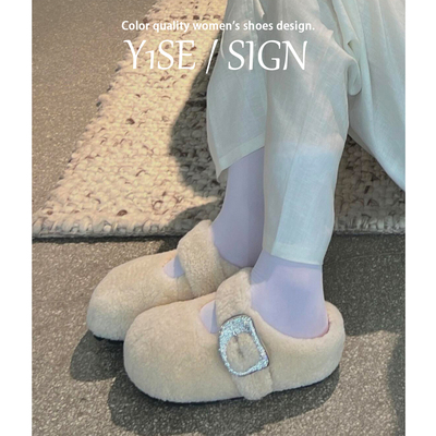 甜美水钻扣加绒包头拖鞋秋冬外穿