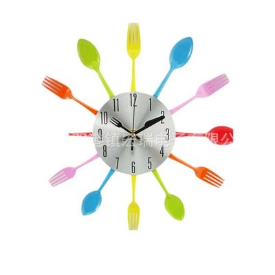 不锈钢金属厨房刀叉餐具挂钟客厅摆件扫描静音时钟银红紫兰黄绿黑