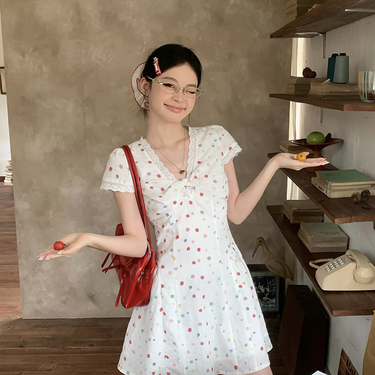 Y.JIA 伊嘉-波点彩色V领修身独特漂亮设计感连衣裙连衣裙YS6-5733