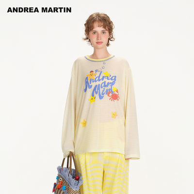 ANDREA MARTIN2026春夏新款条纹立体刺绣印花宽松休闲女薄长袖T恤