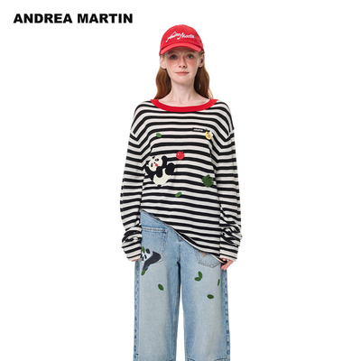ANDREA MARTIN秋冬新款熊猫钩织条纹毛衣男女宽松休闲针织衫