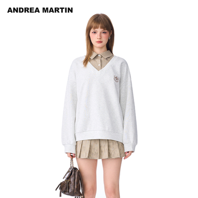 ANDREA MARTIN秋冬新品学院风休闲假两件衬衫领宽松拼接卫衣
