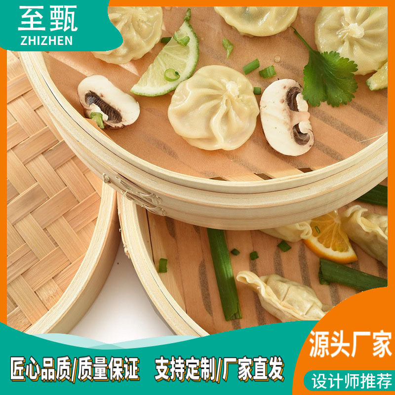 竹制蒸笼 饺子、米饭、鸡蛋、猪肉丸、锦缎、点心、鱼、龙虾尾巴