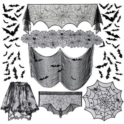 Halloween Bat Black Spider Web Lace Tablecloth Fireplace Cur